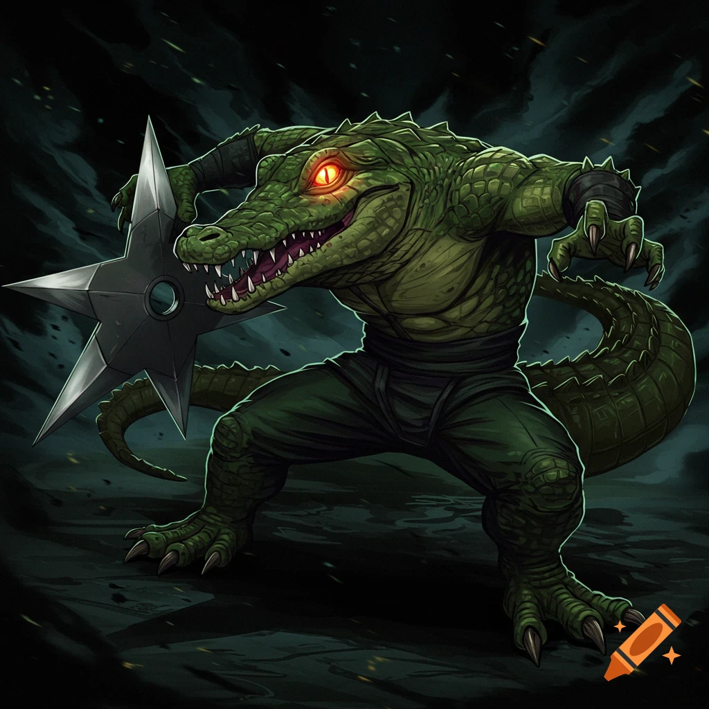 A green alligator ninja with glowing red eyes holds a large four ...