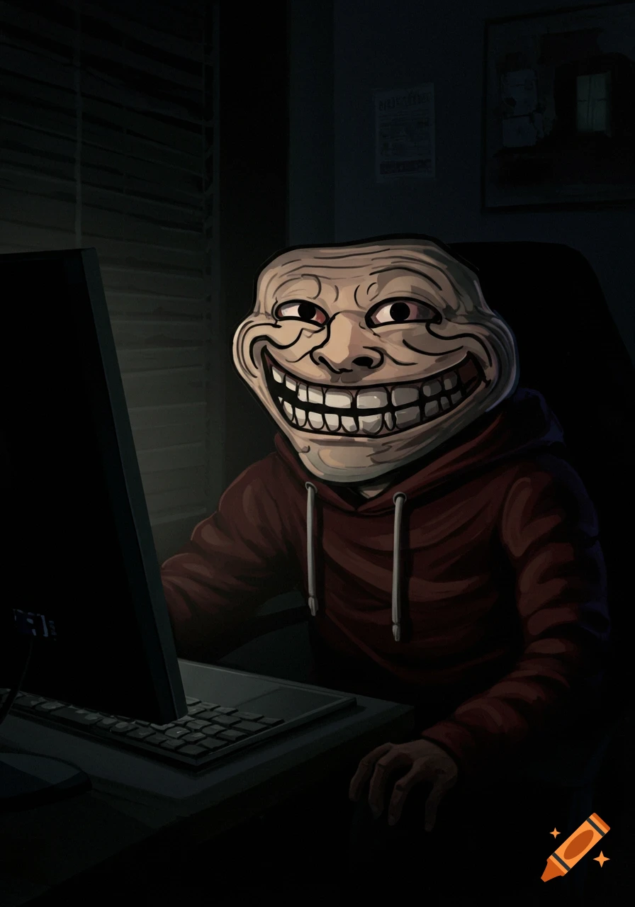 A cartoon trollface with a wide grin sits in a dark room, illuminated ...