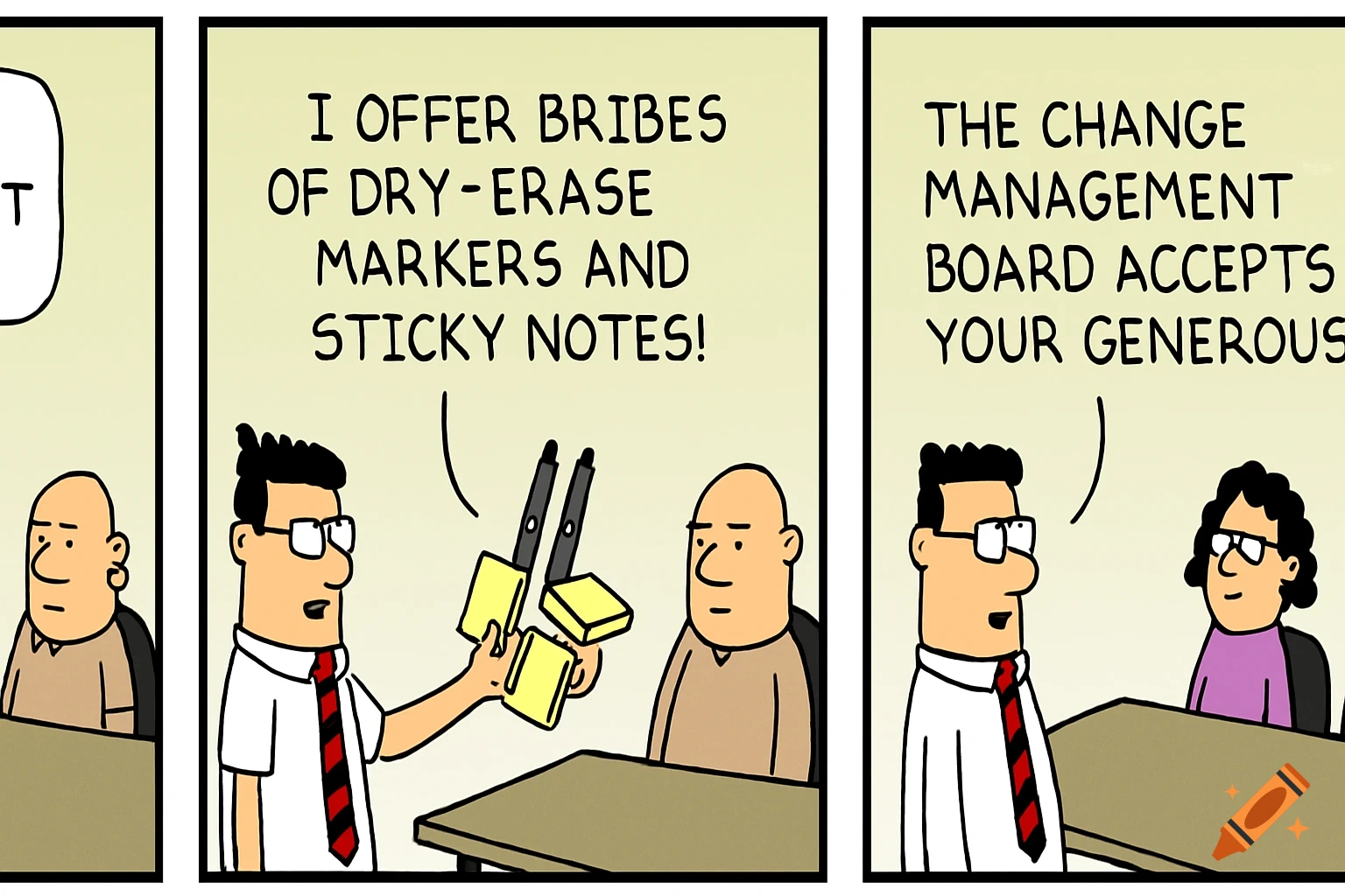 A three-panel cartoon comic strip shows a tech worker bribing a change ...