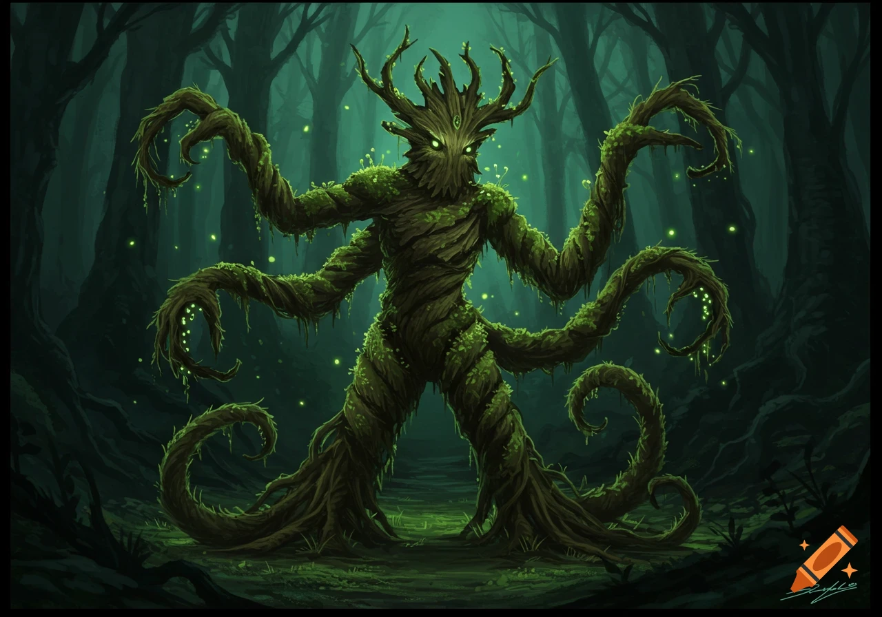 A monstrous, mossy forest creature with glowing eyes and vine-like ...
