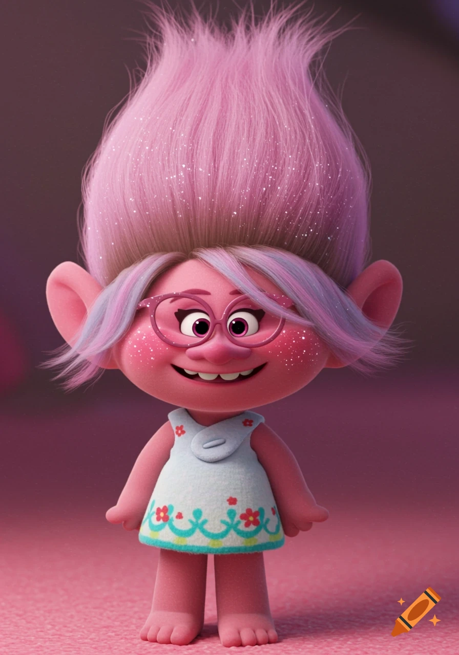 A smiling pink Trolls character with large pink glittery hair, pink ...
