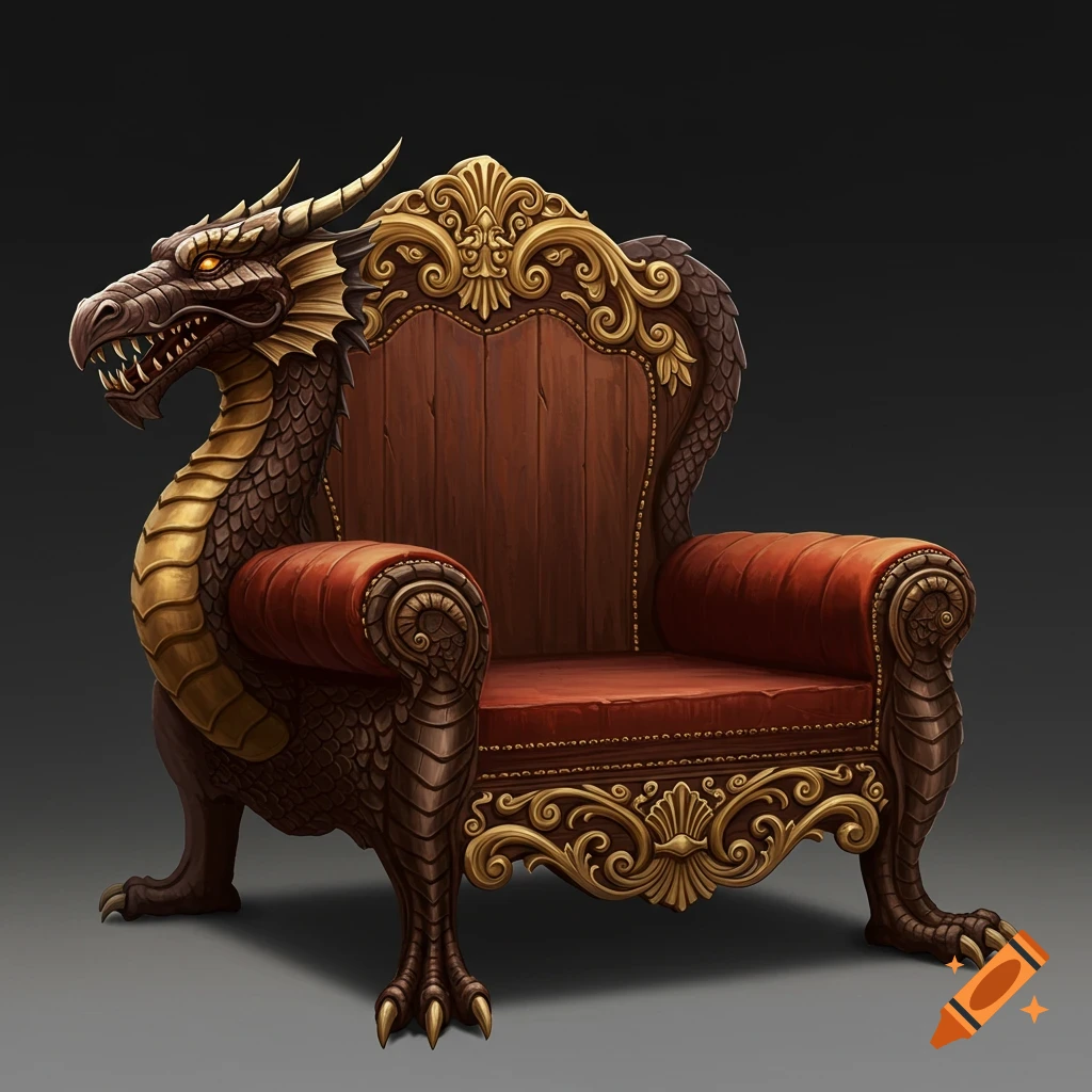 A detailed fantasy-style wooden and red leather chair with a dragon ...