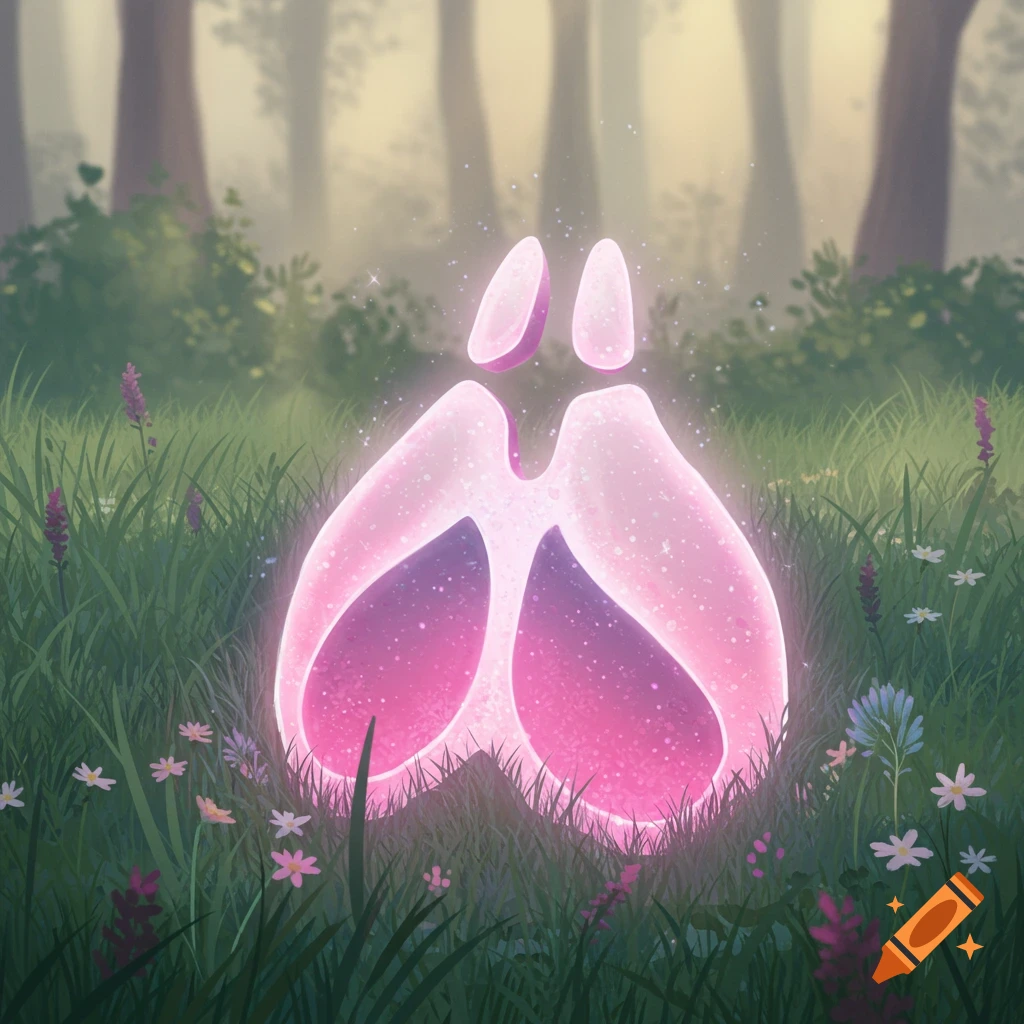 A glowing, sparkly pink magical entity in a mystical forest clearing ...