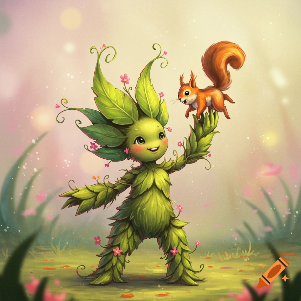 A whimsical humanoid plant creature made of leaves and flowers smiles ...
