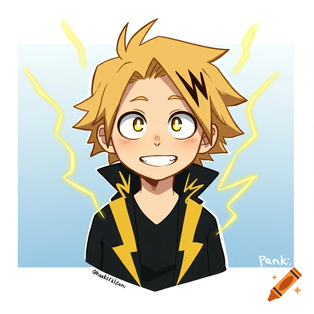 Anime character Denki Kaminari with spiky blond hair, yellow eyes, and ...