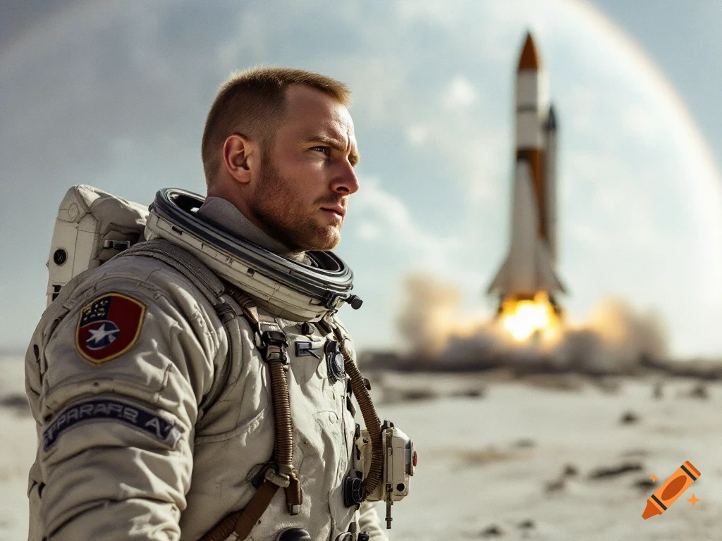 A photorealistic image of an astronaut looking towards a rocket ...