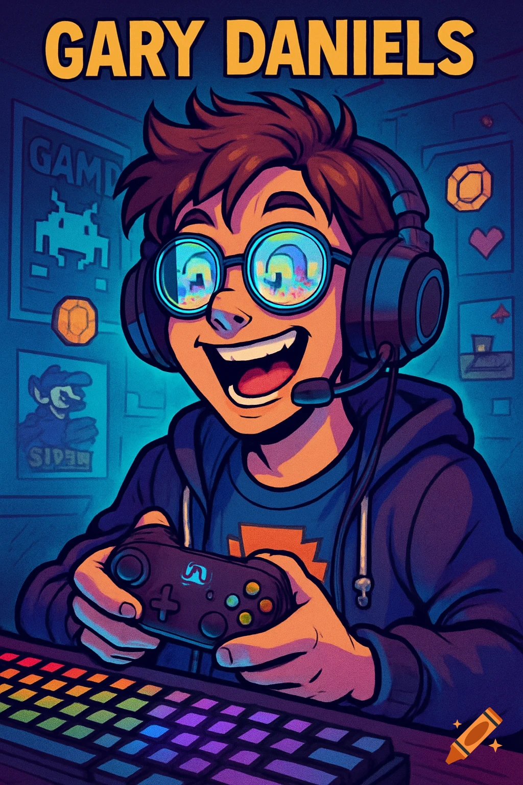 Cartoon portrait of a smiling young male gamer wearing headphones ...