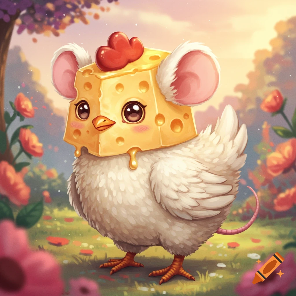 A cute chicken with a cheese head, mouse ears, and a mouse tail in a ...