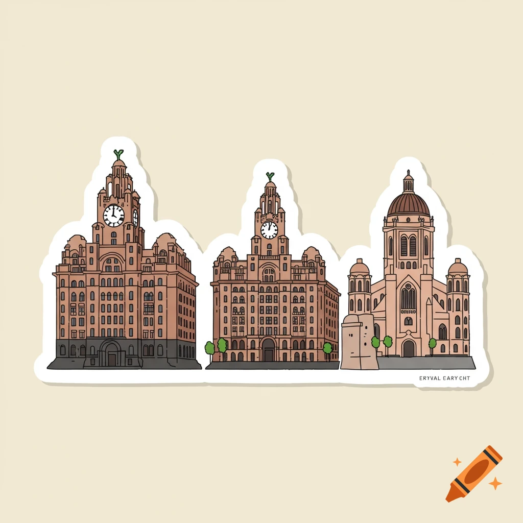 Cartoon sticker illustration of three famous Liverpool buildings ...