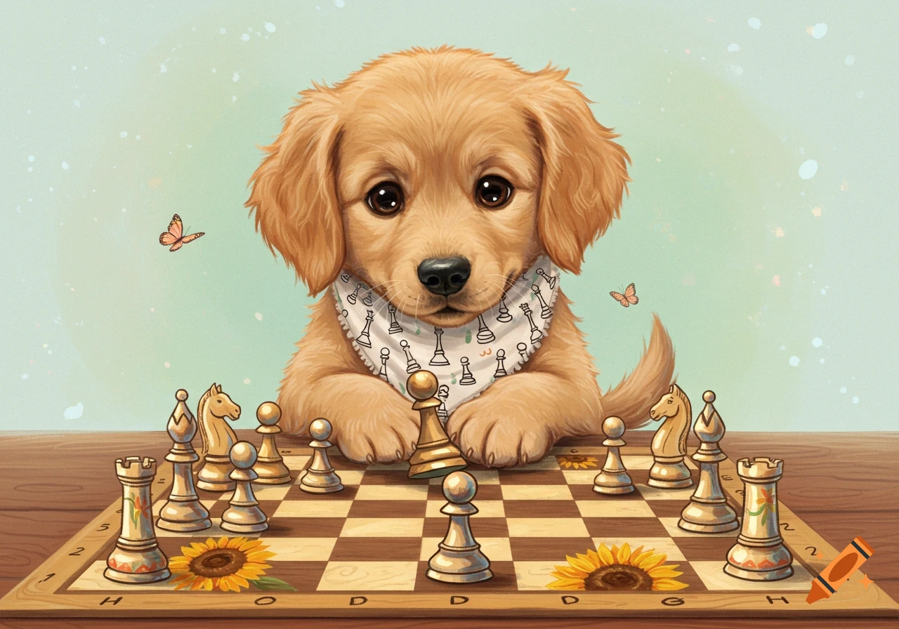 A cute golden retriever puppy wearing a chess-piece bandana plays chess ...