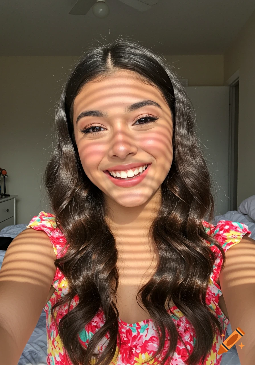 Selfie of a smiling young woman with long dark hair and shadows from ...
