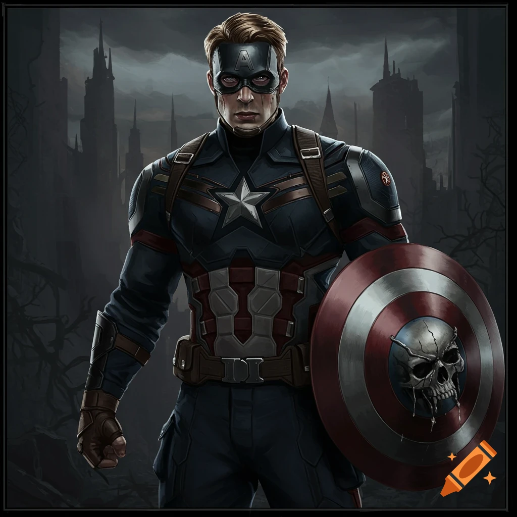 Captain America in a dark, gothic setting, wearing his suit and holding ...