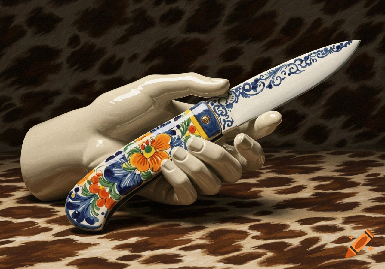 A glazed ceramic hand holds a vibrant majolica folding knife, richly ...