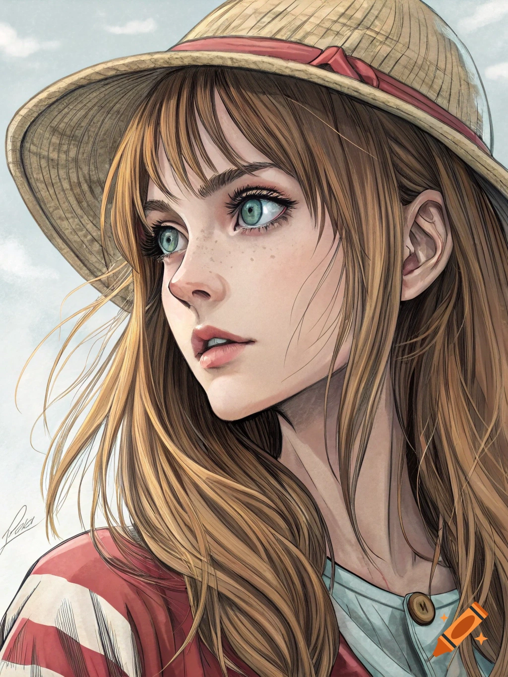 Anime portrait of a young girl with long light brown hair, green eyes ...