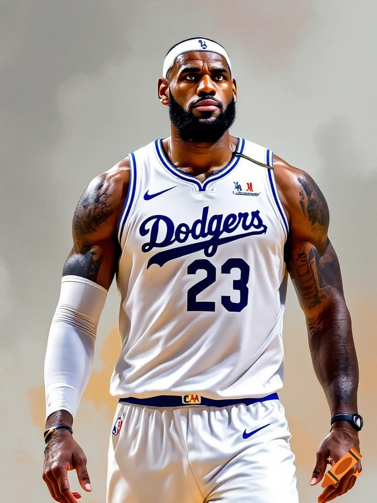 Photorealistic portrait of LeBron James in a white Dodgers baseball ...