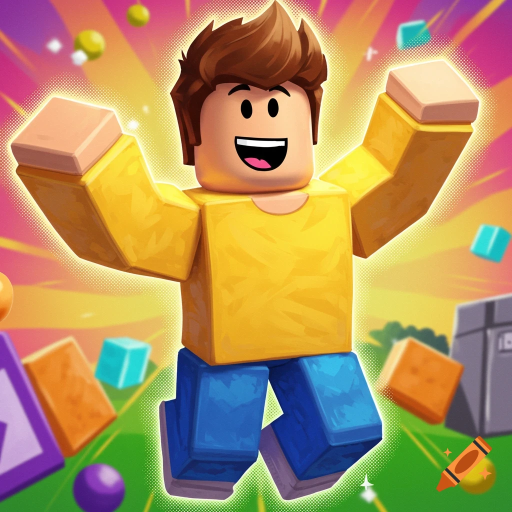 A happy Roblox-style avatar jumps in a colorful, vibrant setting with ...