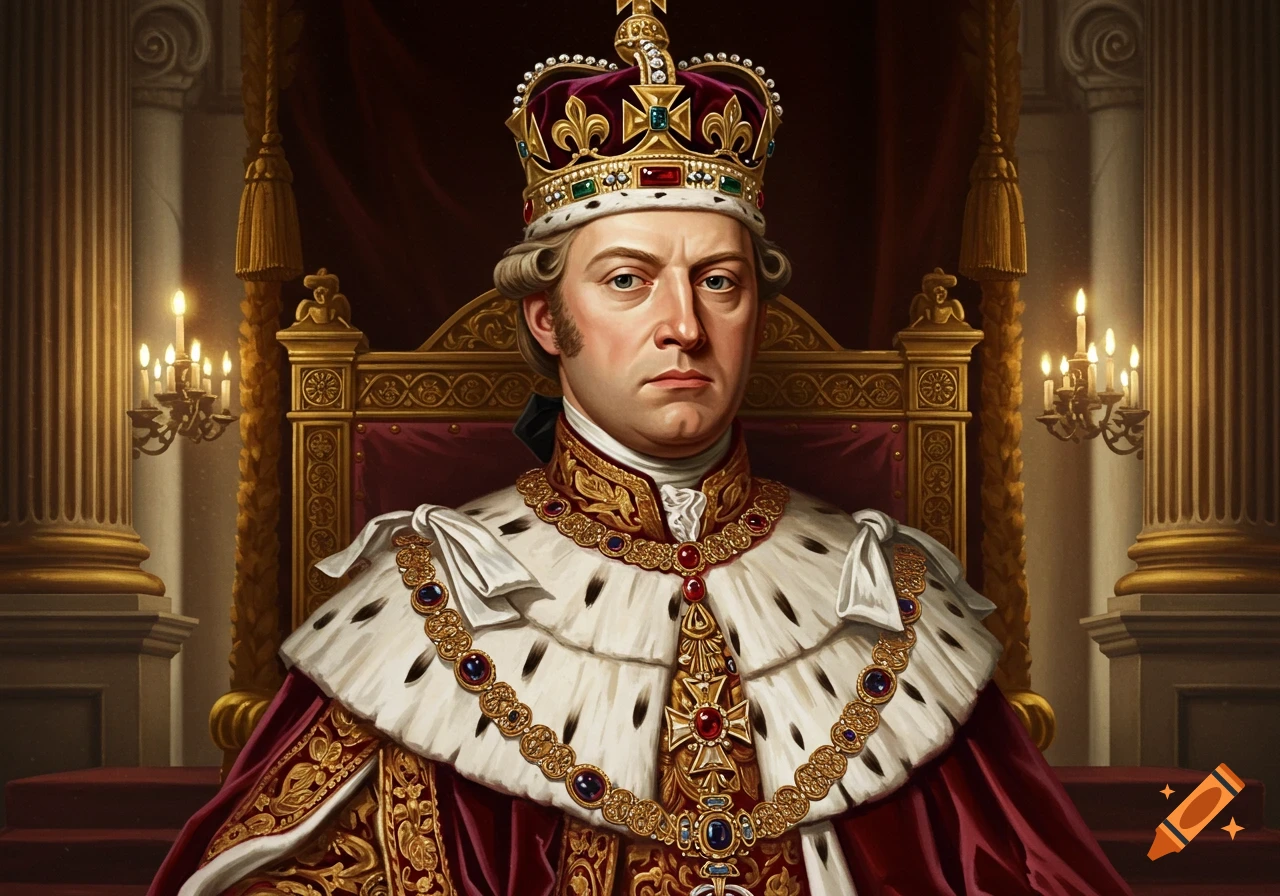 A detailed portrait of a stern-looking king wearing a golden crown and ...