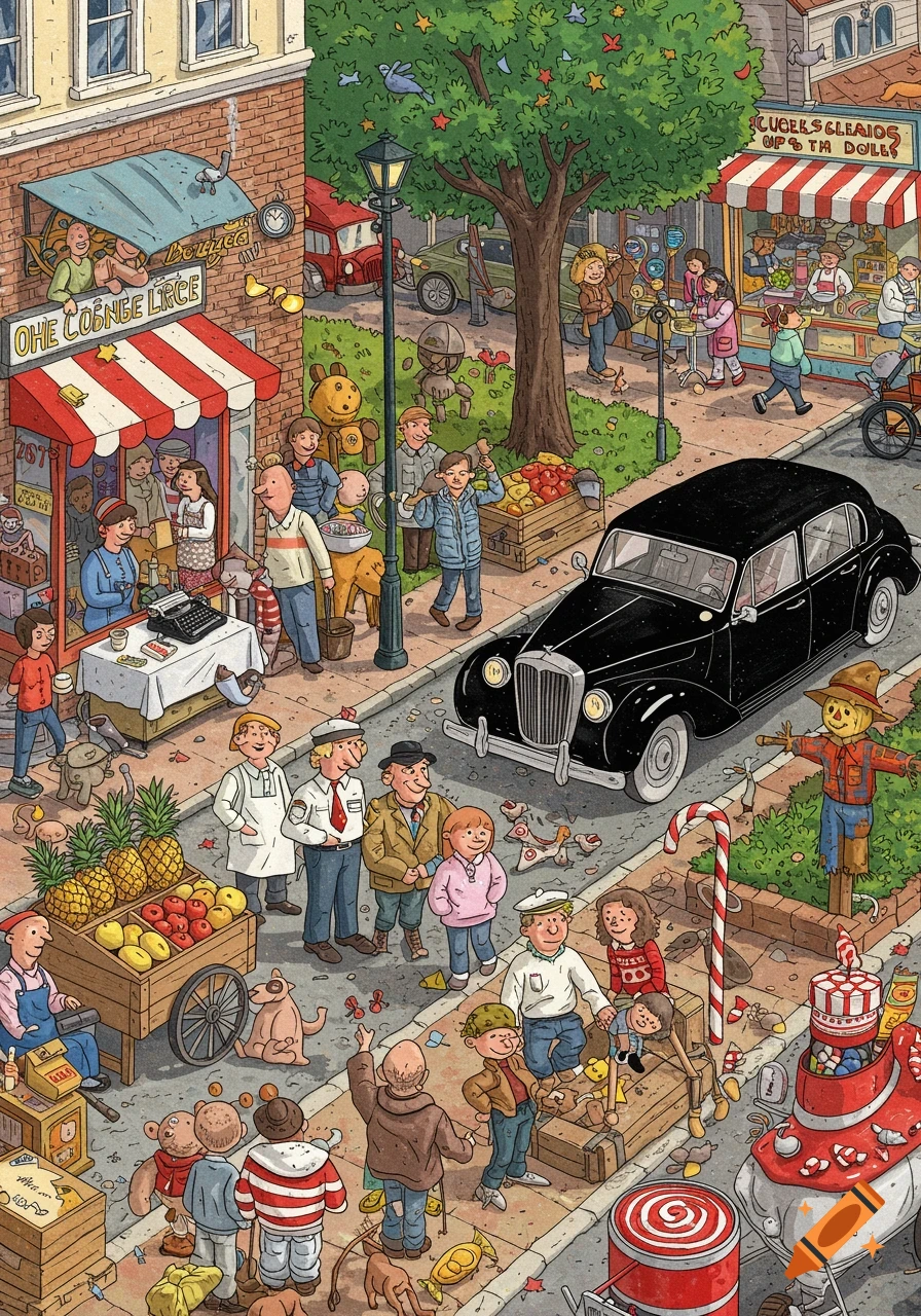 Detailed cartoon illustration of a busy street scene with people, shops ...