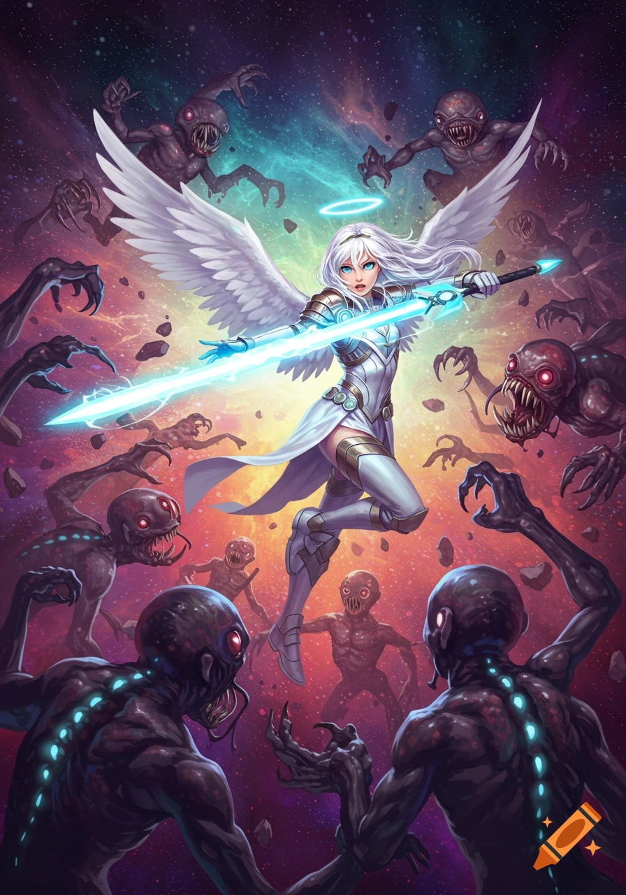 Angel with white wings and a glowing sword fighting dark, toothy ...