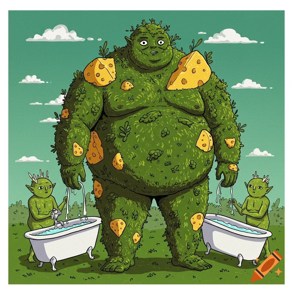 A whimsical cartoon illustration of a large, moss-covered, fat man with ...