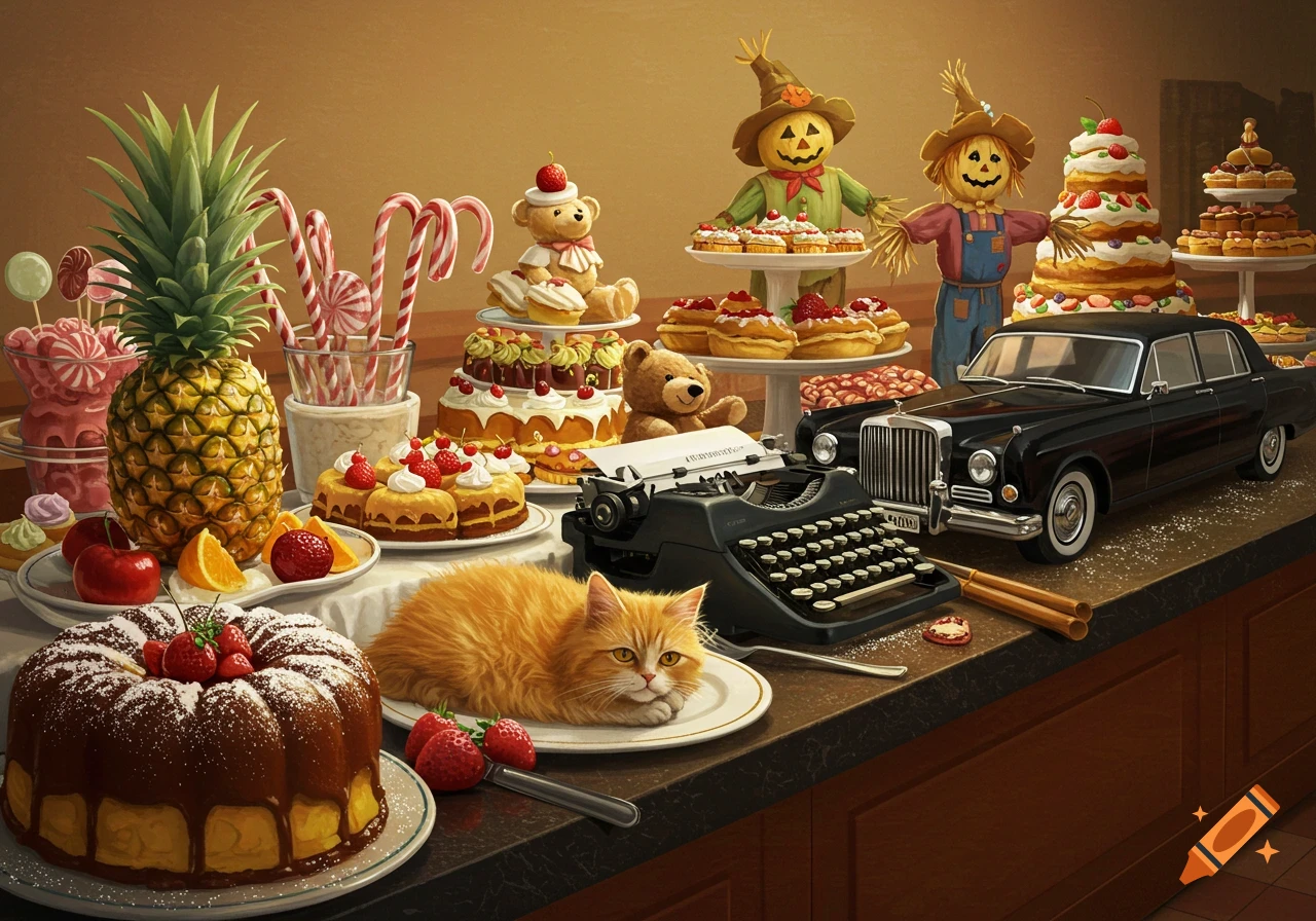 A colorful buffet table laden with various cakes, fruits, and candies ...