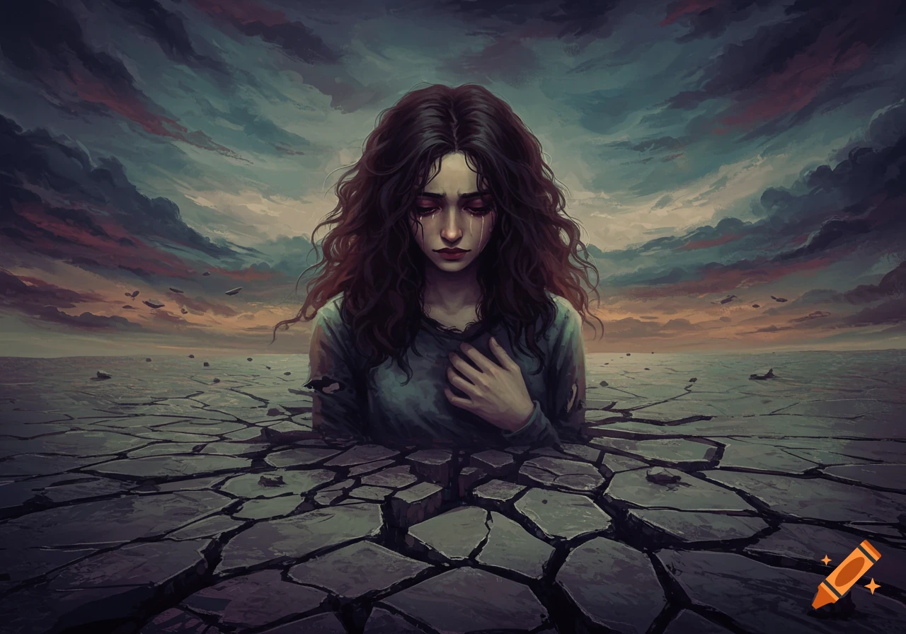 A painting of a crying woman in a desolate landscape with cracked earth ...