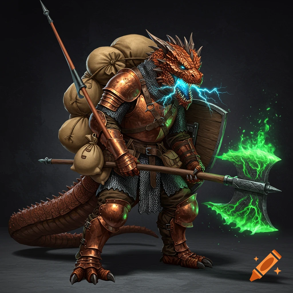 A dragon-humanoid hybrid in bronze armor with a large backpack, holding ...