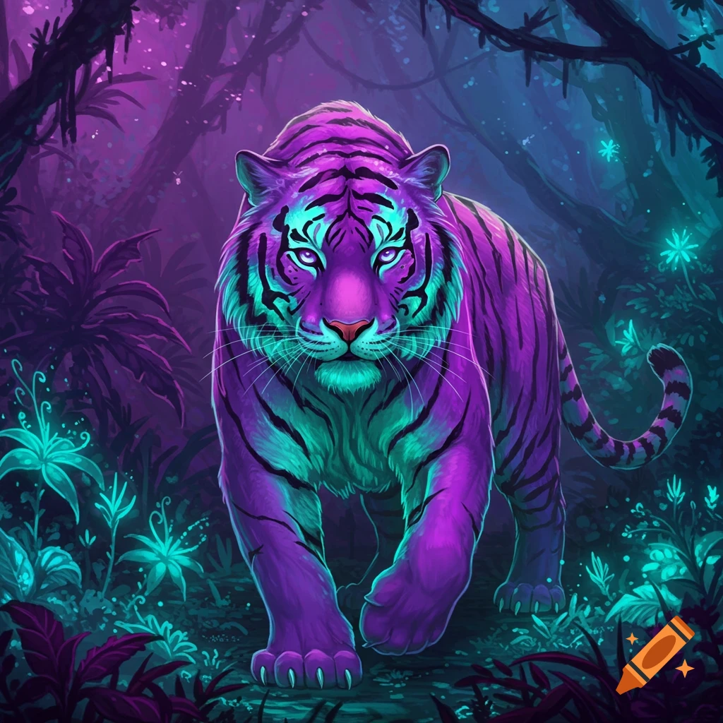 A vibrant purple and teal tiger with glowing eyes walks through a neon ...