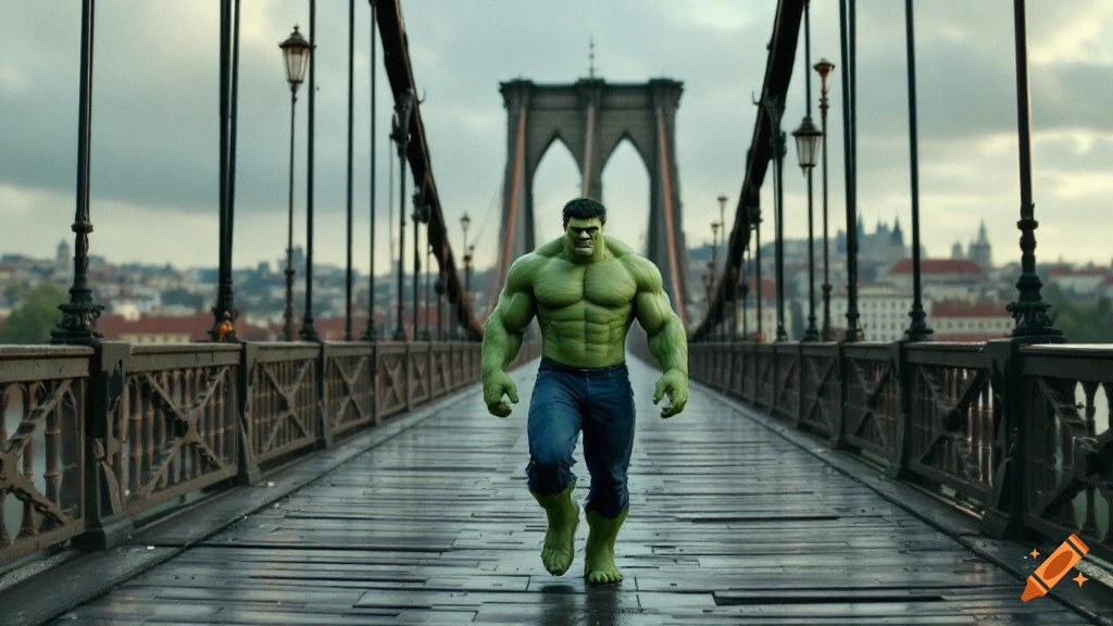 The Hulk, a green muscular figure, walks on a detailed, ornate bridge ...