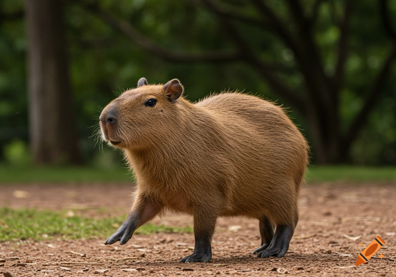 A capybara walks on a dirt path in a forest with trees and green ...