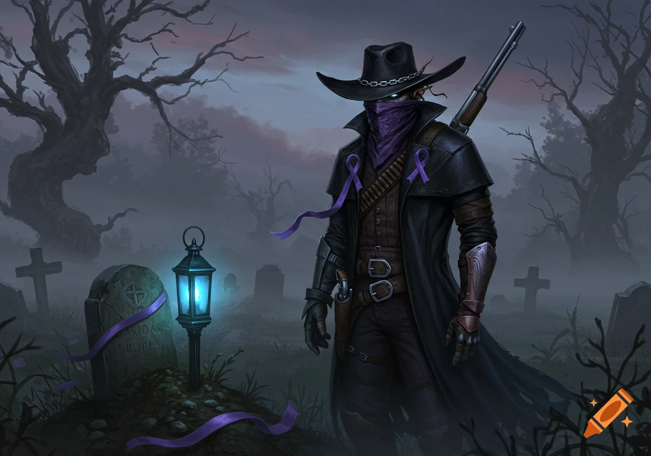 A somber fantasy oil painting of a masked gunslinger in a cowboy hat ...