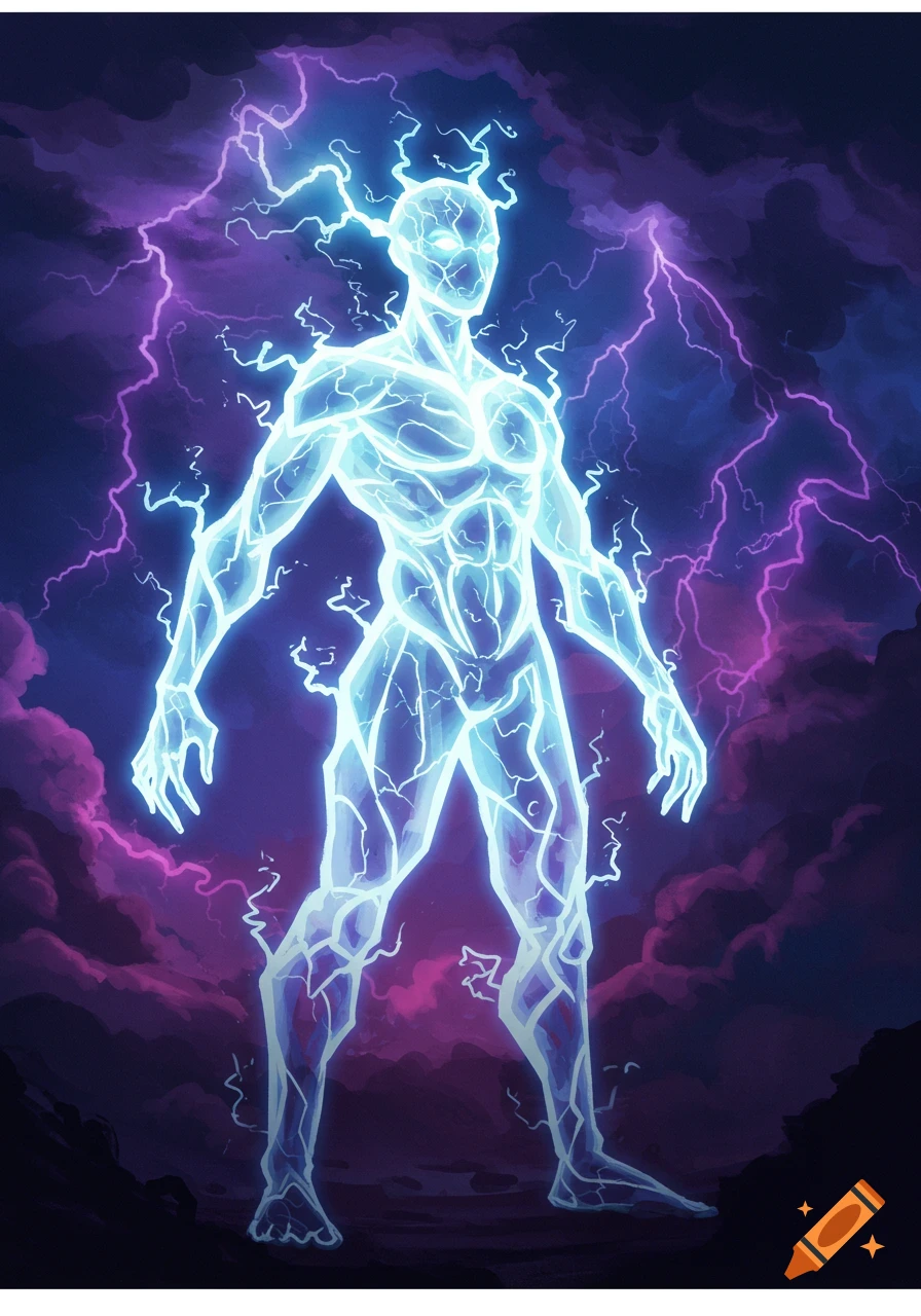 A humanoid figure composed of glowing blue lightning stands against a ...