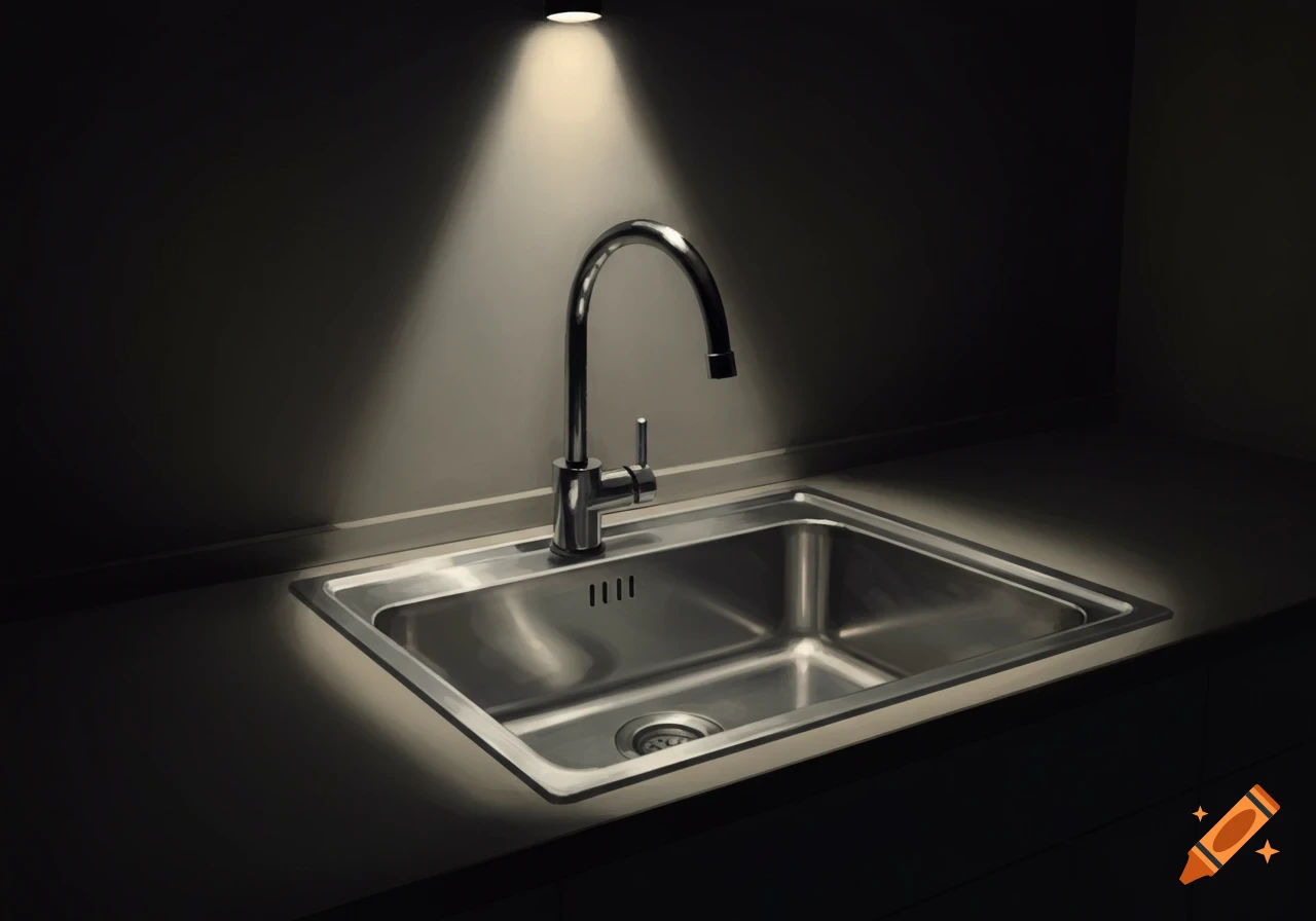 A photorealistic stainless steel kitchen sink and faucet are ...