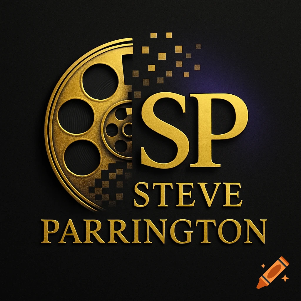 Gold and black logo featuring a film reel transitioning into pixels ...