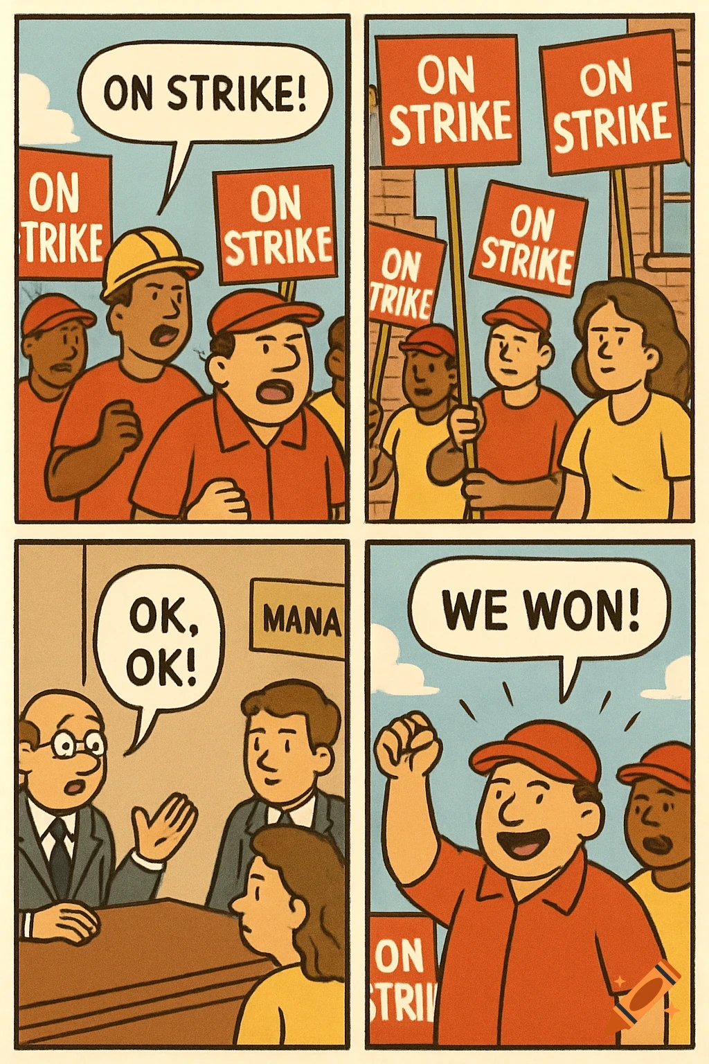 A four-panel cartoon comic strip depicting a labor dispute, starting ...