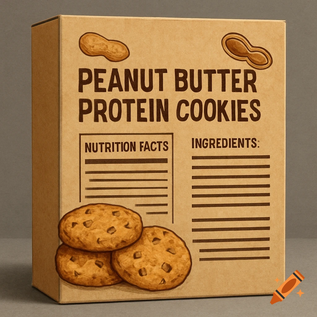 A brown cardboard box for Peanut Butter Protein Cookies, featuring ...