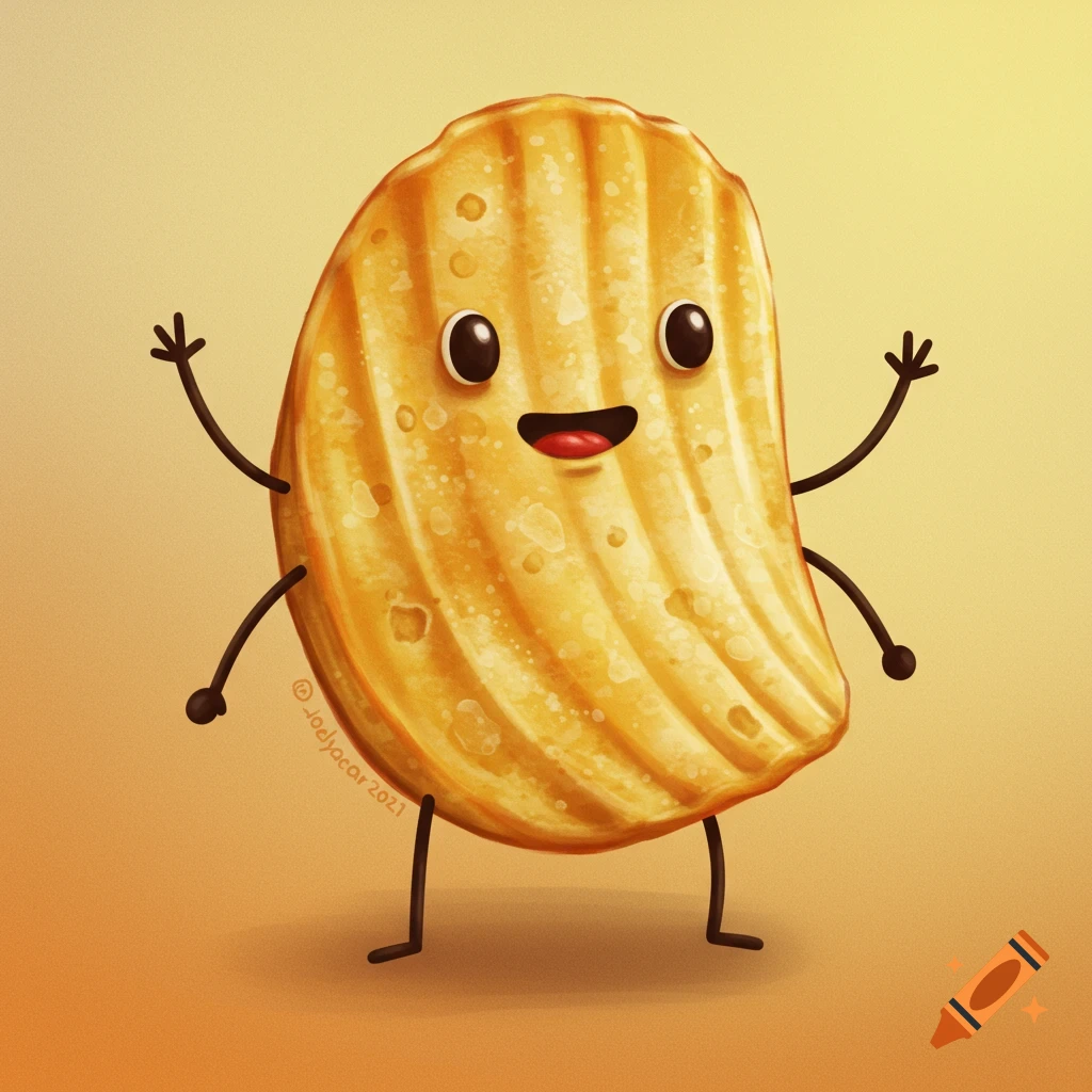 A smiling, happy cartoon potato chip with stick figure arms and legs ...
