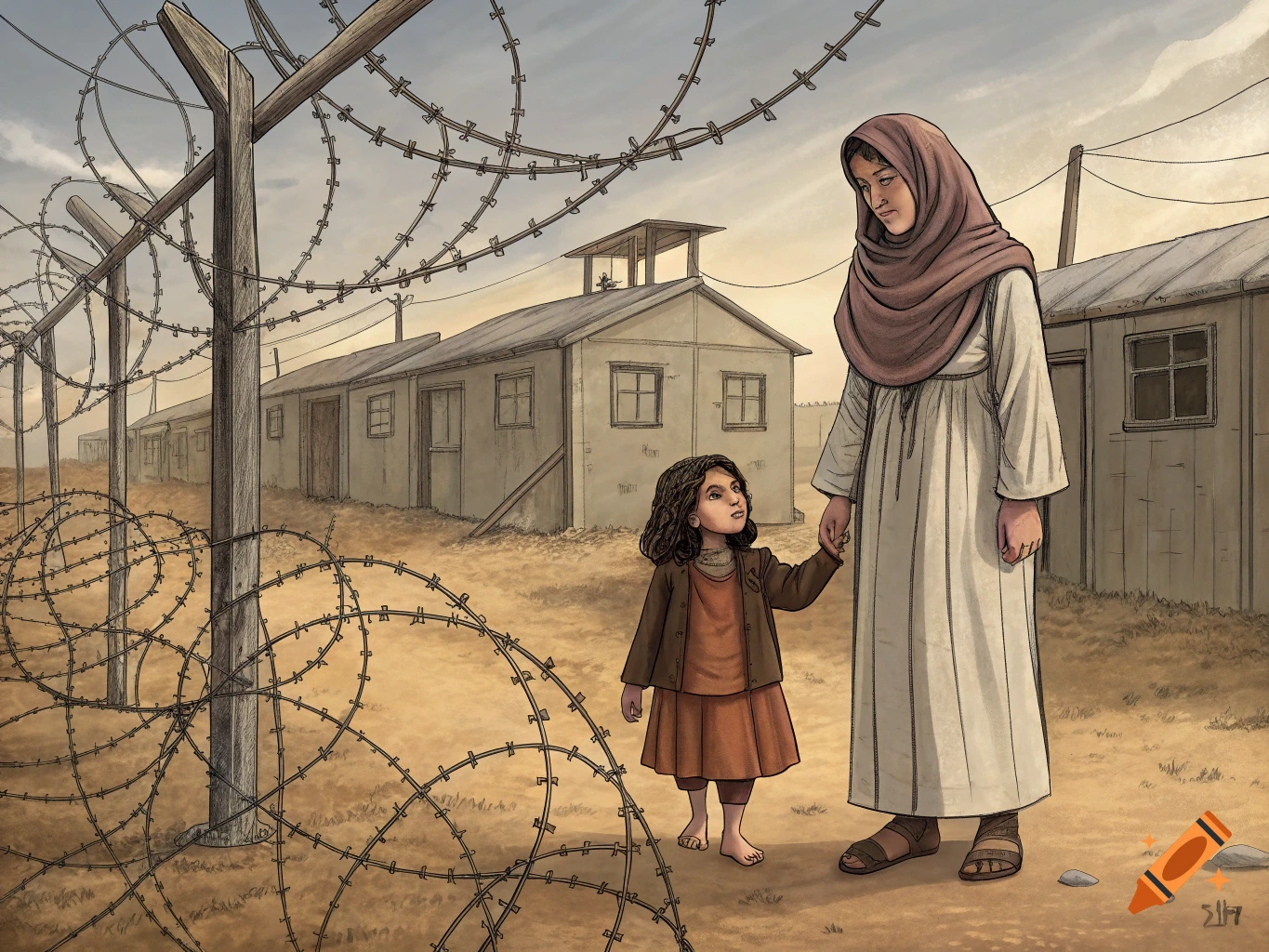 An illustration of a woman and a young girl holding hands in a dusty ...