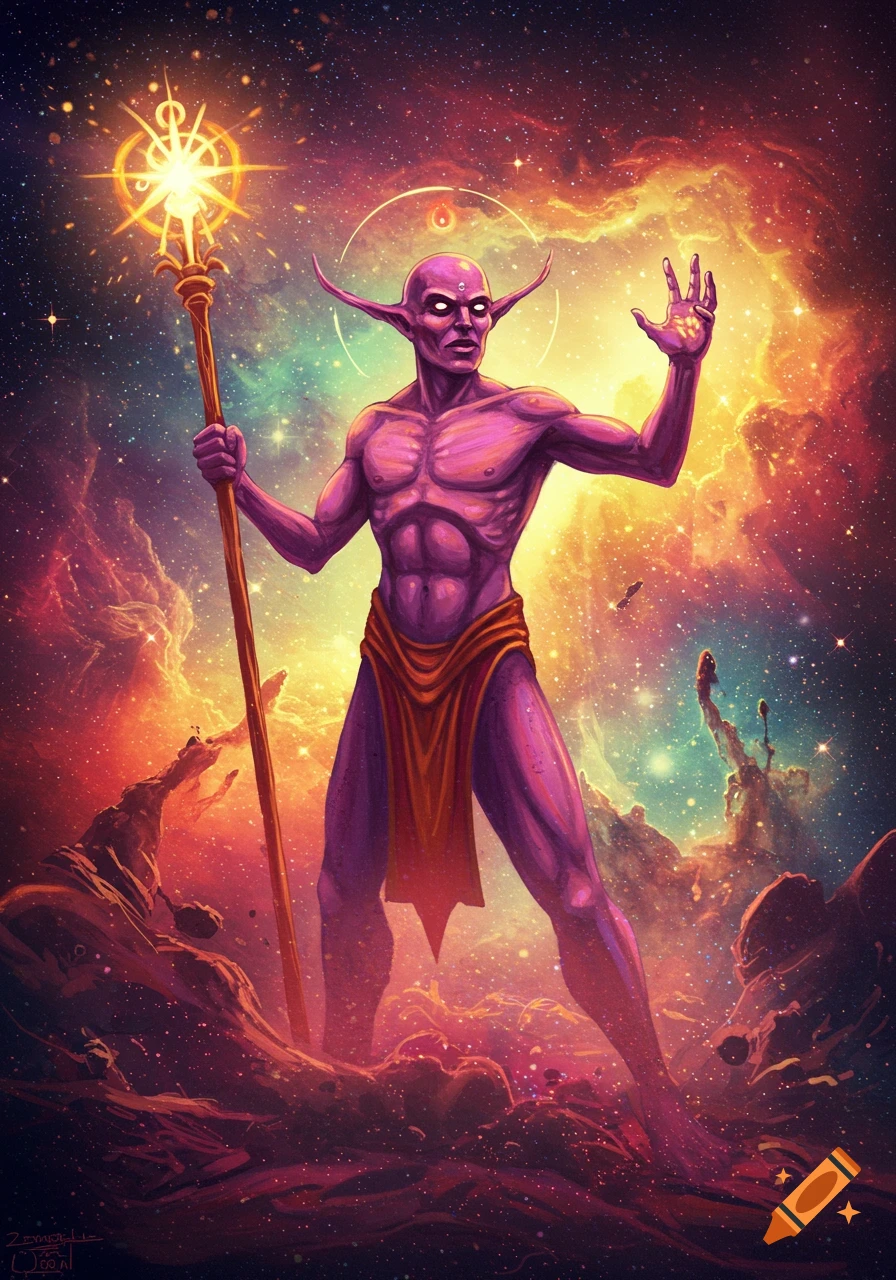 A muscular purple alien-like being with pointed ears and a third eye ...