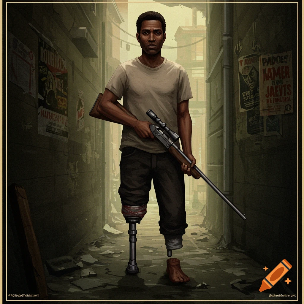 A man with a prosthetic leg and a missing foot stands in a dark, grimy ...