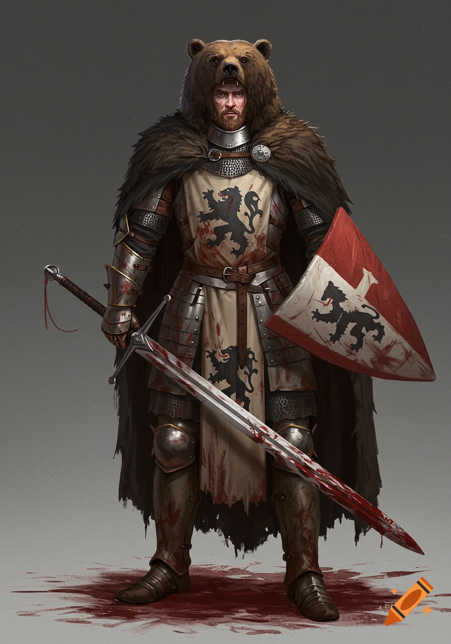 A battle-worn knight in armor with a bear head cloak, holding a blood ...