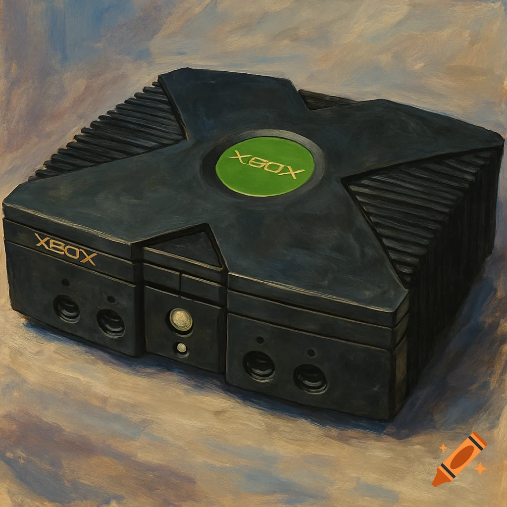 A painted depiction of a black original Xbox console with a green ...