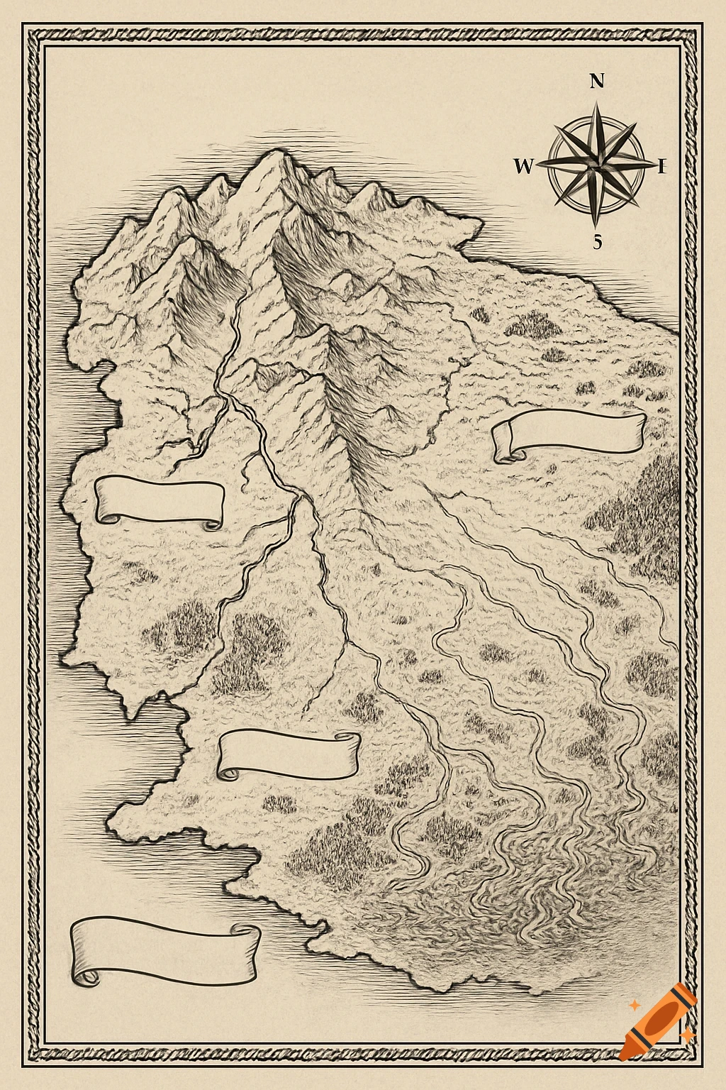 Hand-drawn black and white fantasy map of an island with mountains ...
