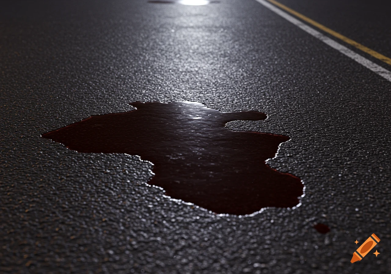 A dark puddle of liquid, possibly blood, reflecting light on an asphalt ...