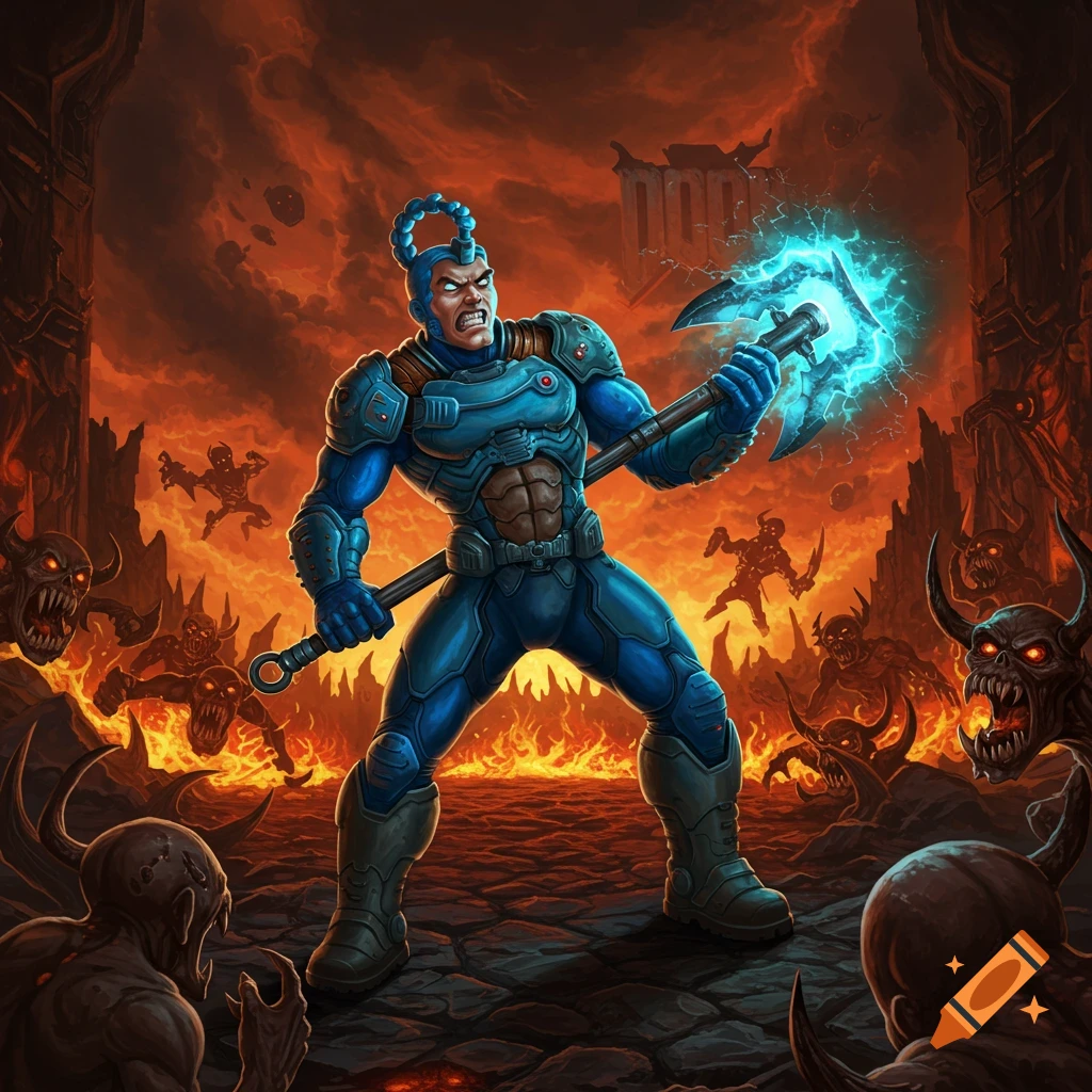 The Tick, a muscular superhero in a blue suit, stands menacingly with a ...