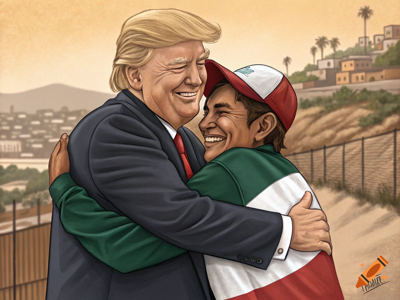 Donald Trump in a suit hugging a smiling person in a green, white, and ...