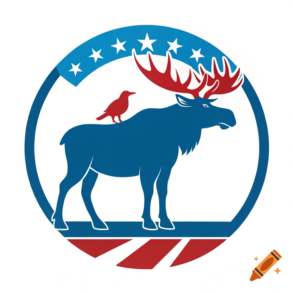 A blue and red political logo of a moose with red antlers and a small ...
