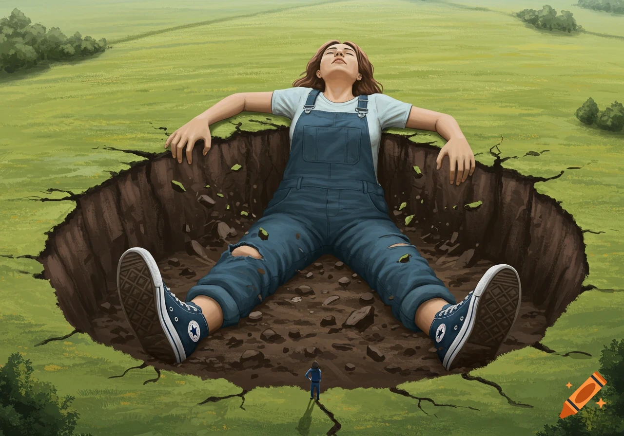 A giant woman in blue overalls and sneakers lies in a massive crater in ...