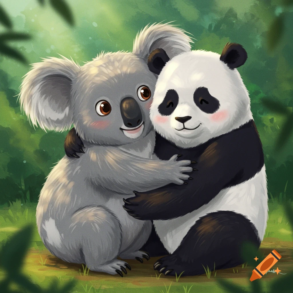 A cute cartoon koala and panda hugging in a green forest. on Craiyon