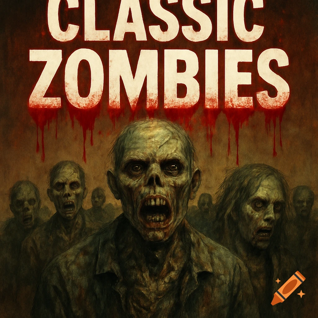 A grim illustration of a horde of zombies, with 'CLASSIC ZOMBIES' text ...